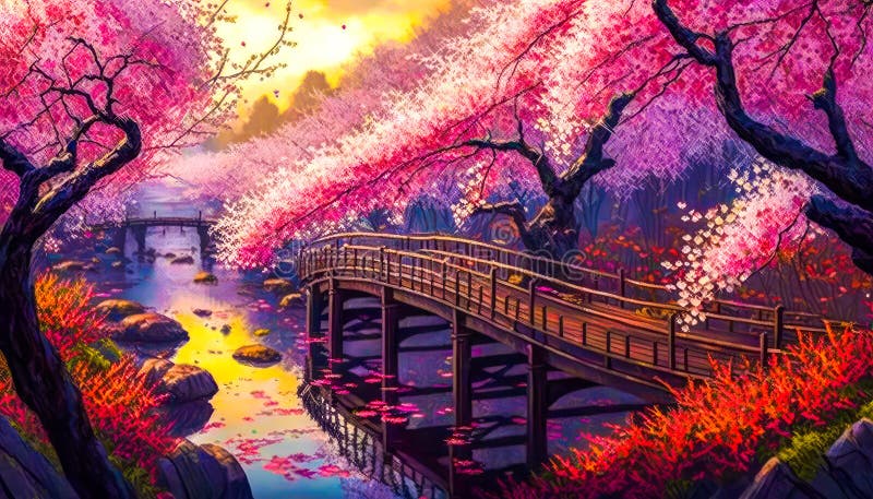 Painting of Bridge Over River with Cherry Blossoms. Generative AI Stock ...