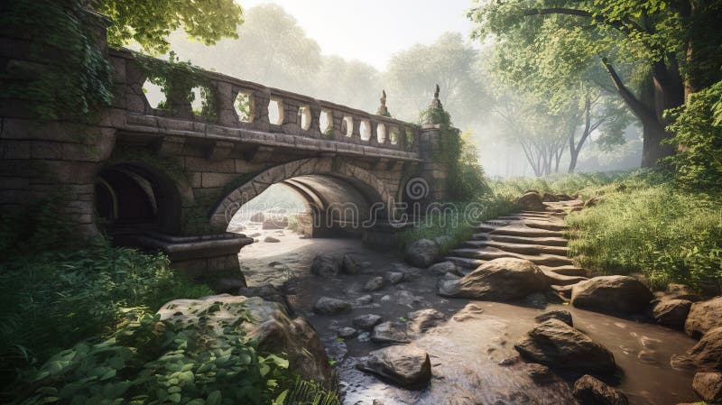 A Painting of a Bridge Over a Stream in a Forest Stock Illustration ...
