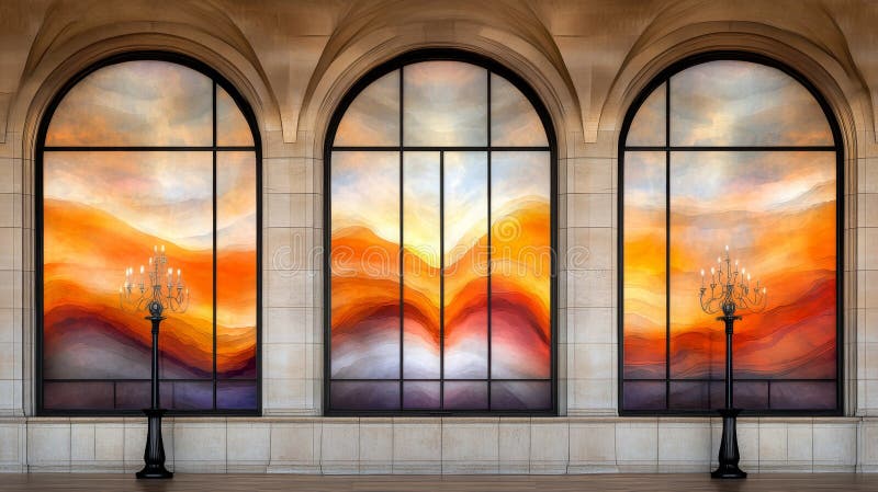 A Painting of a Building with Three Windows and a Candelabra in Front ...