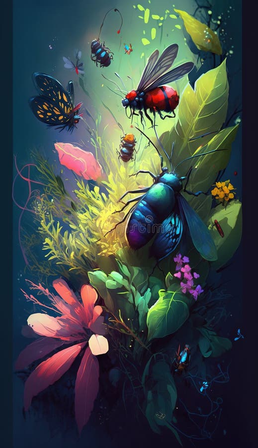 A Painting of a Bunch of Bugs in a Field of Flowers. Stock Illustration ...