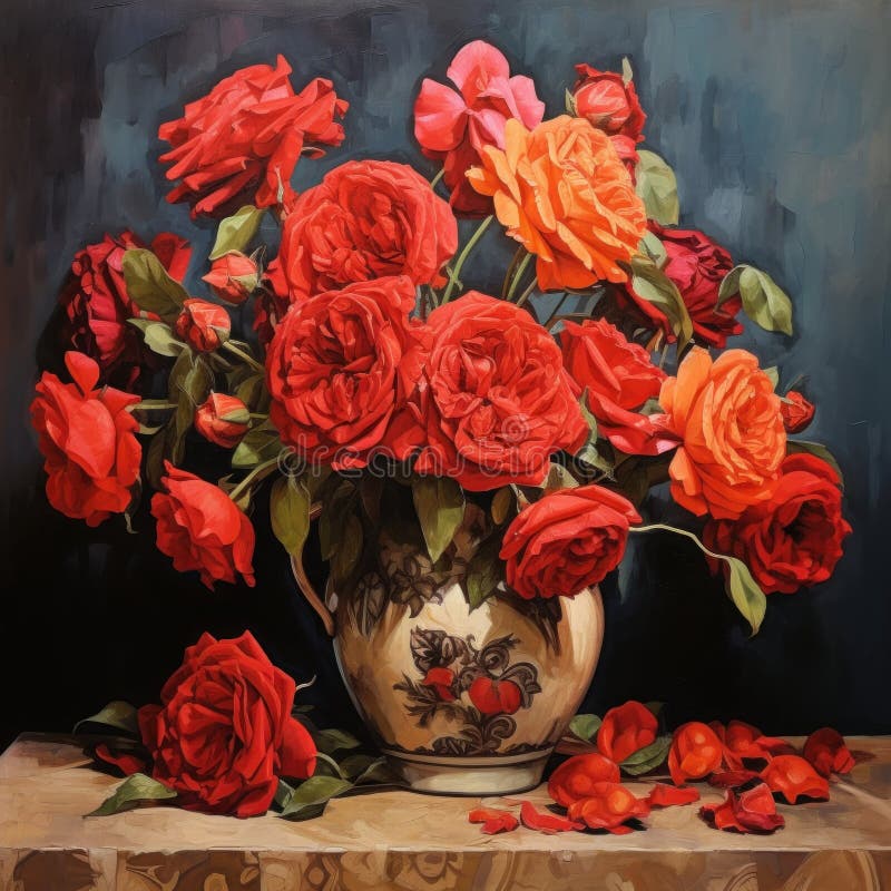 Painting of a Bunch of Red Roses in a Designer Vase Stock Illustration ...