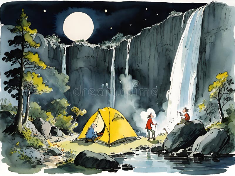 Painting of Camping at a Waterfall at Night Stock Illustration ...