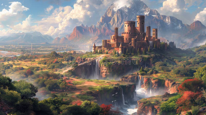 A Painting of a Castle in the Mountains with Trees and Water, AI Stock ...