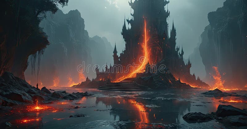 A Painting of a Castle Surrounded by a Fire Pit with a Lava Flow Coming ...
