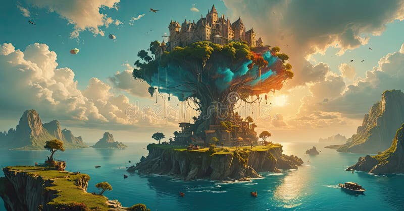 A Painting of a Castle on a Tree in the Middle of a Lake with a Boat in ...