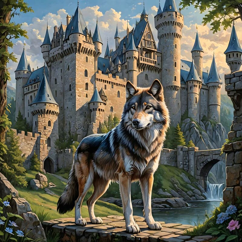 A Painting of a Castle with a Wolf in Front of it. Stock Illustration ...
