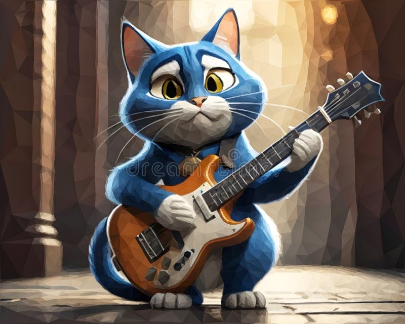 A Painting of a Cat Playing a Guitar. Beautiful Picture of Cat with ...