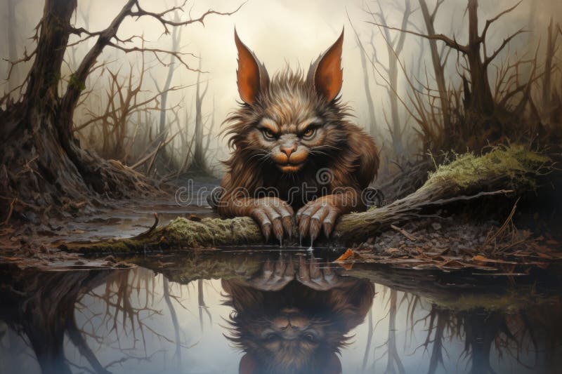 A Painting of a Evil Forest Cat Sitting on a Log in a Swamp, AI Stock ...