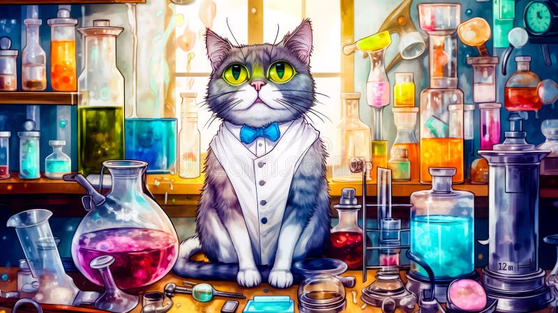 Painting of Cat Wearing Lab Coat and Tie Sitting on Table Stock ...