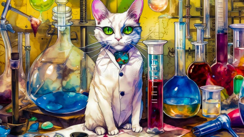Painting of Cat Wearing Tie and Sitting Next To Lab Flask Stock ...