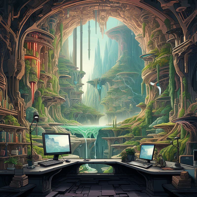 Painting of a Cave with a Computer and a Monitor with a Waterfall in ...