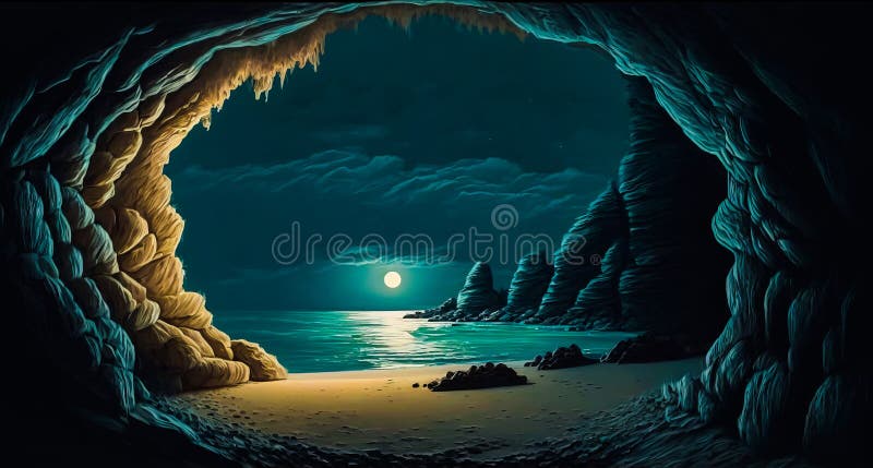 Painting of Cave with Blue Light Coming Out of the Cave. Generative AI ...