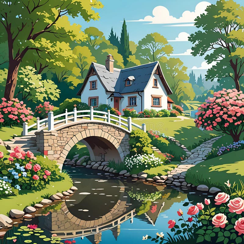 A Painting of a Charming Cottage with a Traditional Roof beside a ... A Painting of a Charming Cottage with a Traditional Roof beside a ...