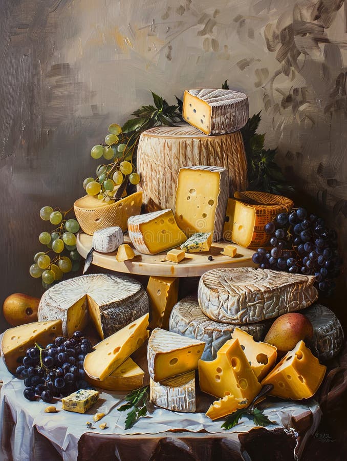 Painting of Cheese on Table with Scenic Mountains As Backdrop Stock ...