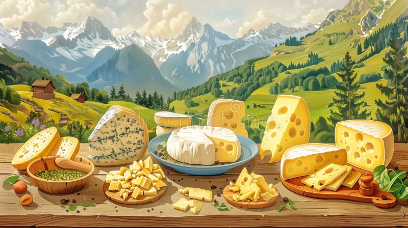 Painting of Cheese on Table with Distant Mountains Backdrop Stock ...