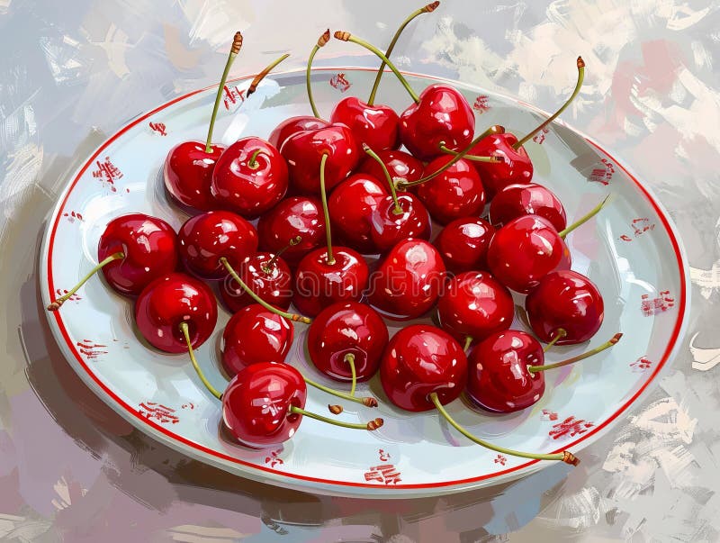 A Painting of Cherries on a Plate Stock Image - Image of plate ...