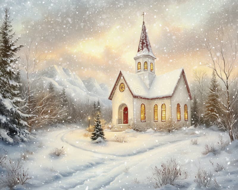 Painting of a Church in Winter Stock Illustration - Illustration of ...