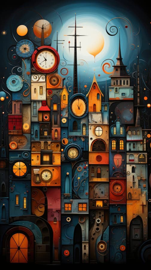 A Painting of a City with a Clock Tower. Generative AI Image. Stock ...
