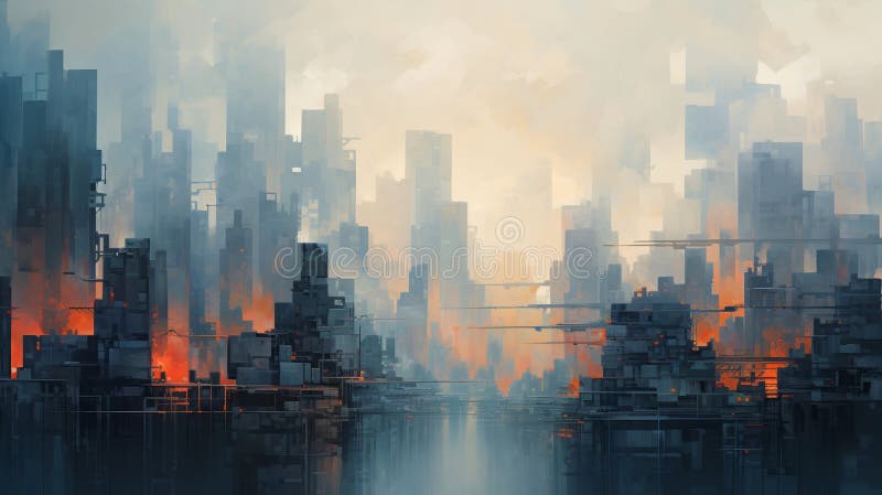 A Painting of a City that is on Fire Stock Image - Image of skyline ...