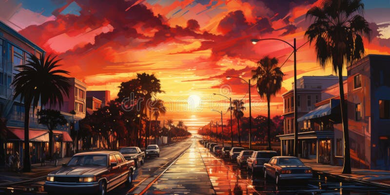 A Painting of a City Street at Sunset. Generative AI Image. Stock Image ...