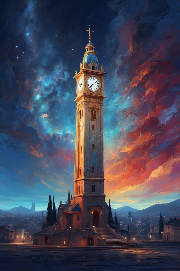 Painting of Clock Tower Against Sky Background. Generative AI. Stock ...