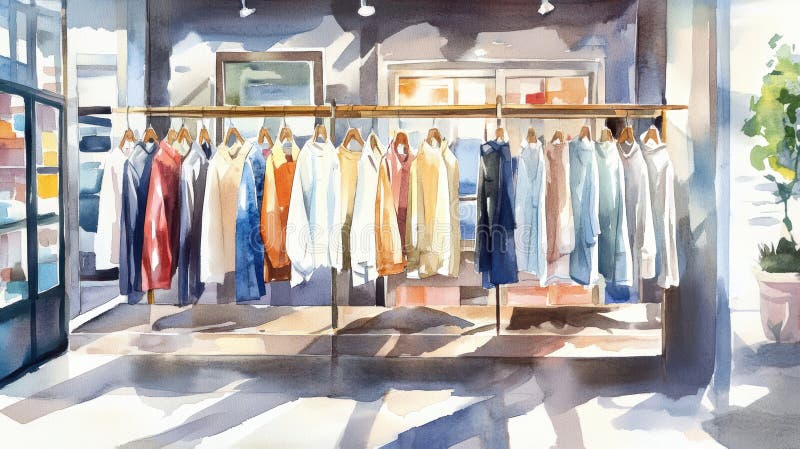 A Painting of a Clothing Store with Clothes on Display Stock ...