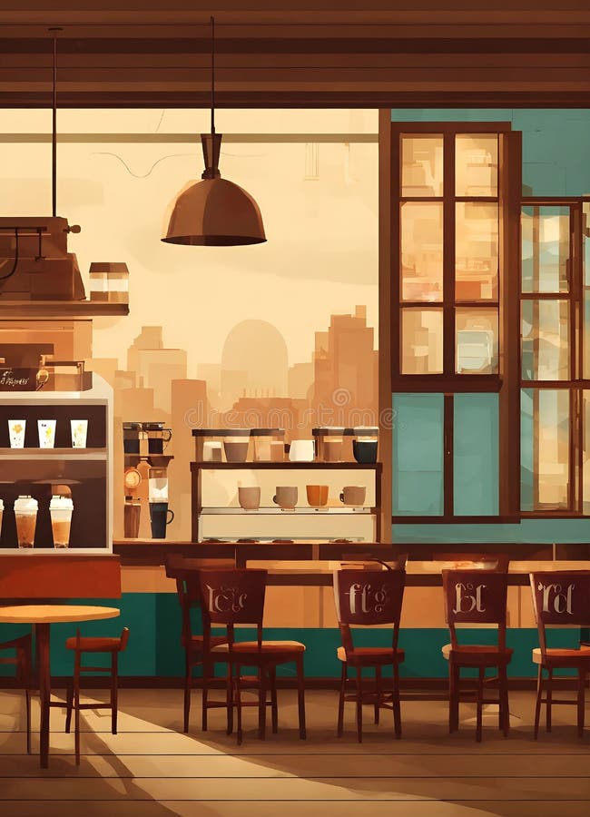 A Painting of a Coffee Shop with a View of the City. Stock Photo ...