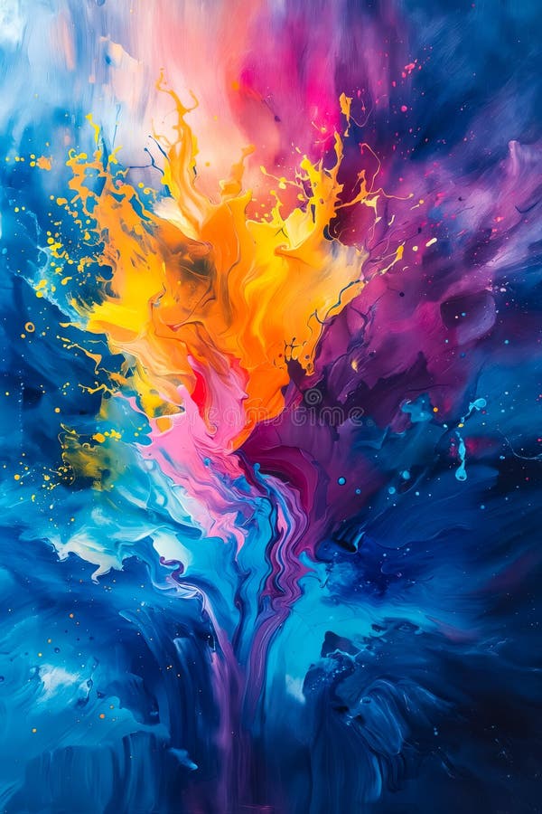 A Painting of a Colorful Explosion of Paint on a Blue Background ...