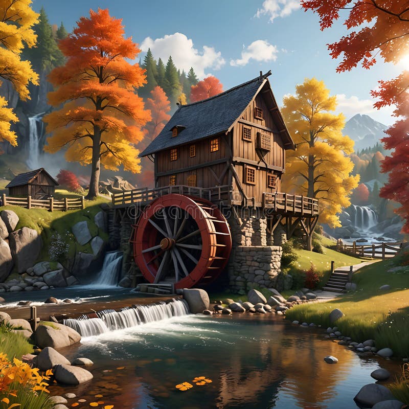 A Painting of a Colorful Fall Landscape with Flowing Waters and Rustic ...