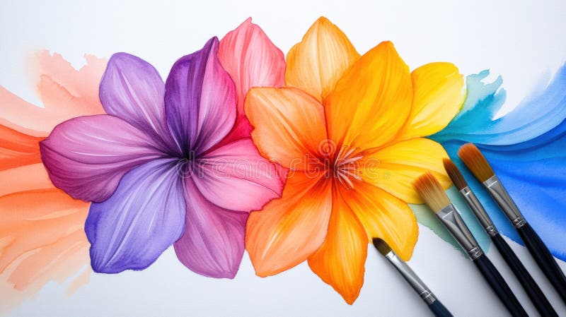 A Painting of a Colorful Flower with Brushes in Front, AI Stock Image ...