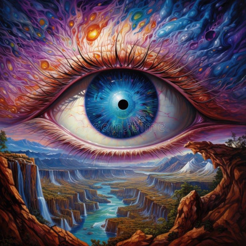 A Painting of a Colorful Landscape with a Blue Eye and a River Stock ...