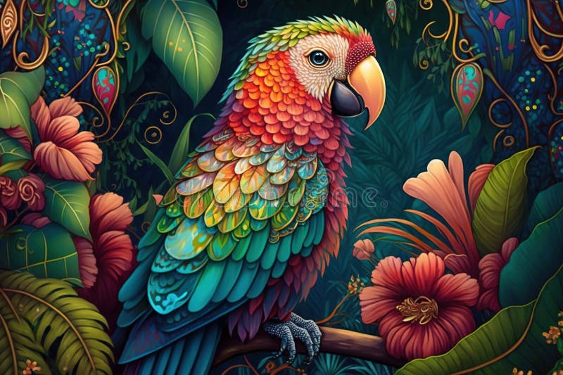 A Painting of a Colorful Parrot Sitting on a Tree Branch. Stock Photo ...