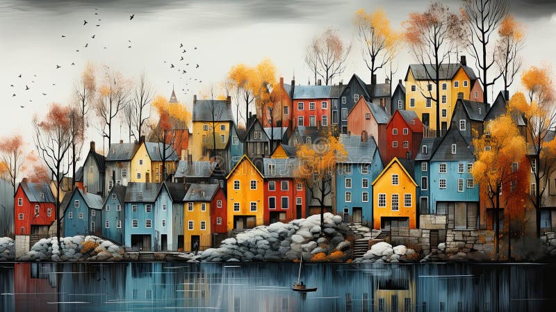 A Painting of a Colorful Town by the Water. Generative AI Image. Stock ...