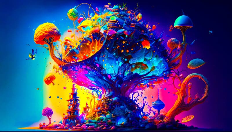 Painting of Colorful Tree with Lots of Different Things on it. Fantasy ...