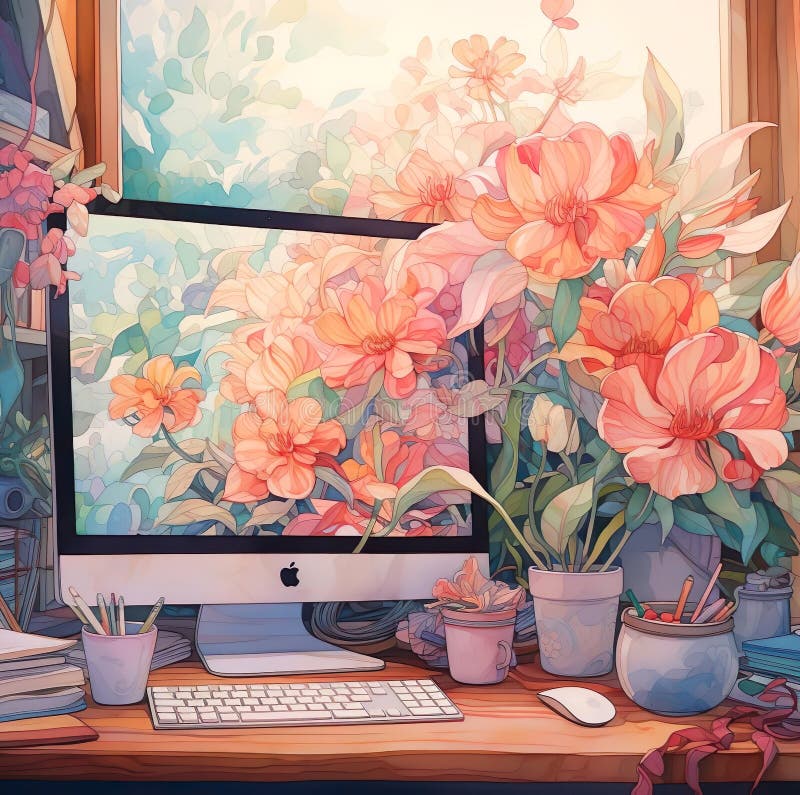 A Painting Computer Monitor and Flower on the Table Stock Illustration ...