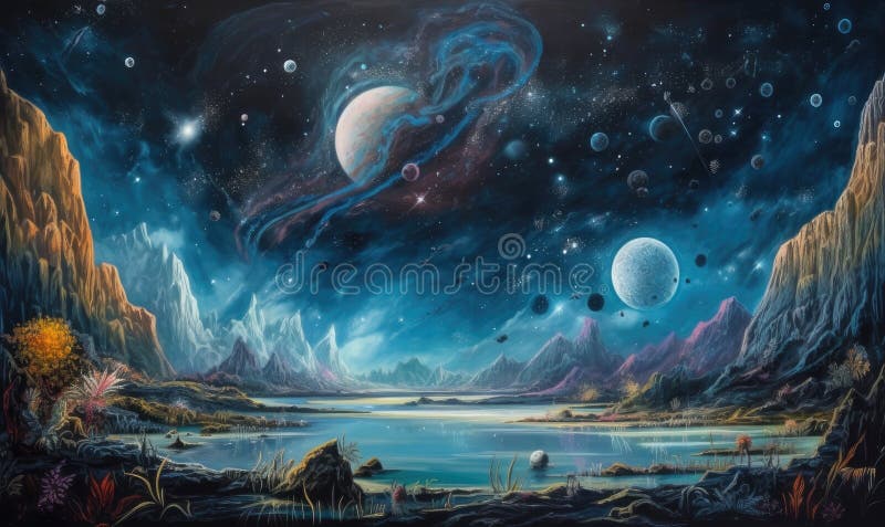 Surreal World Painting with Space Landscape Stock Illustration ...