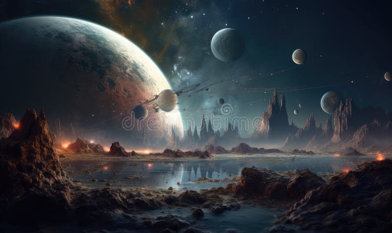 Surreal World Painting with Space Landscape Stock Illustration ...