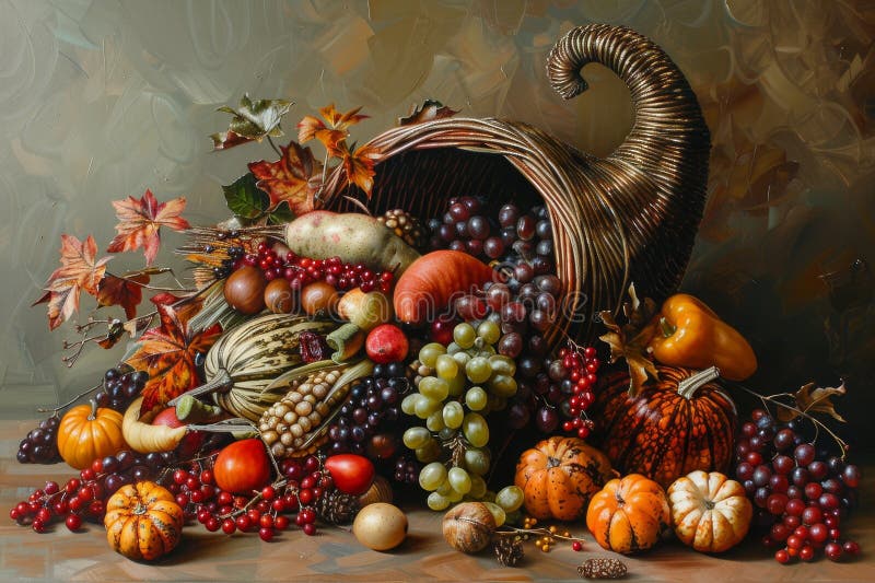 A Painting of a Cornucopia Overflowing with Autumn Fruits and ...