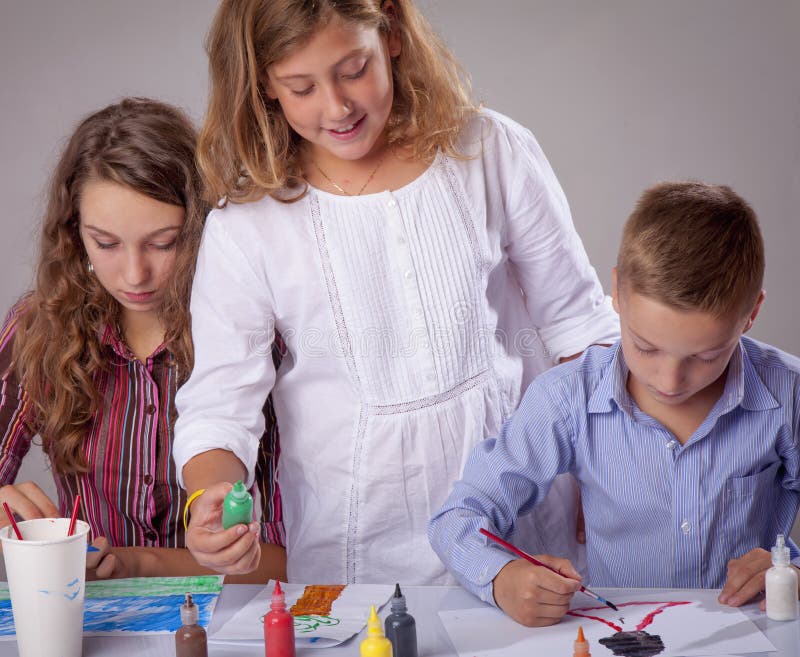 Painting Courses. Group of Children Learning To Paint Stock Photo ...