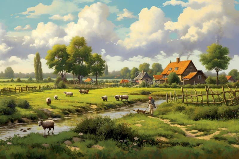 A Painting of Cows Grazing in a Pasture. Generative AI Image. Stock Illustration - Illustration ...