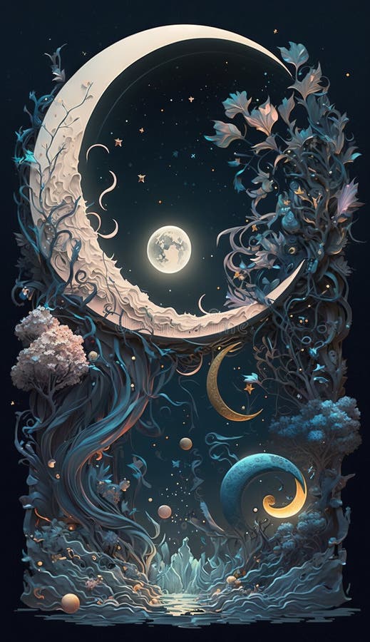 A Painting of a Crescent with Trees and Moon in the Background. Stock ...