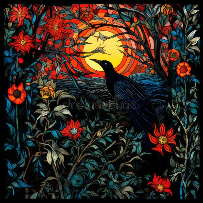 A Painting of a Crow and Flowers at Sunset Stock Illustration ...
