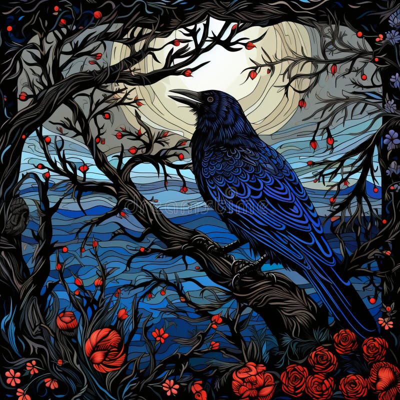 A Painting of a Crow Sitting on a Branch with Red Flowers Stock ...