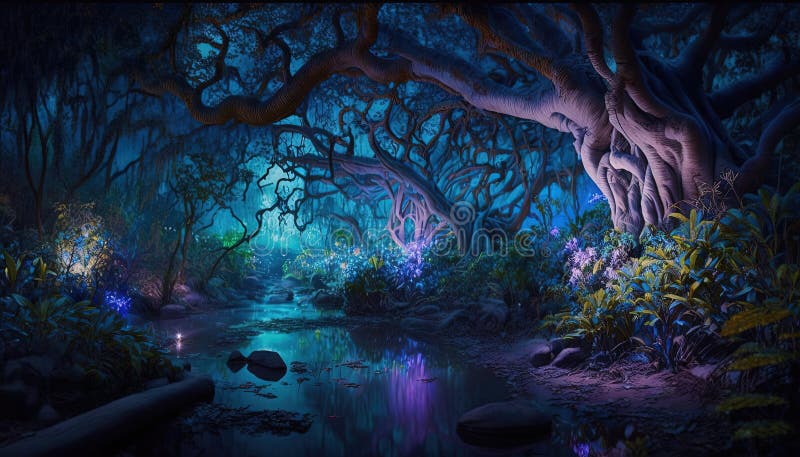 A Painting of a Dark Forest with a Pond and Trees. Stock Illustration ...