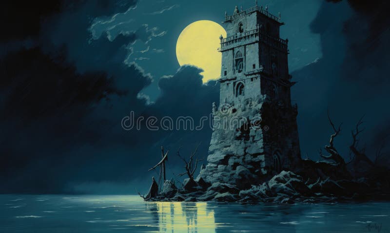 The Painting Depicted an Ancient Tower Under the Glowing Moonlight ...
