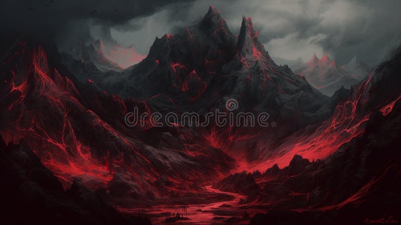 A Painting Depicting a Dark Mountain Range with Ominous Red Clouds ...