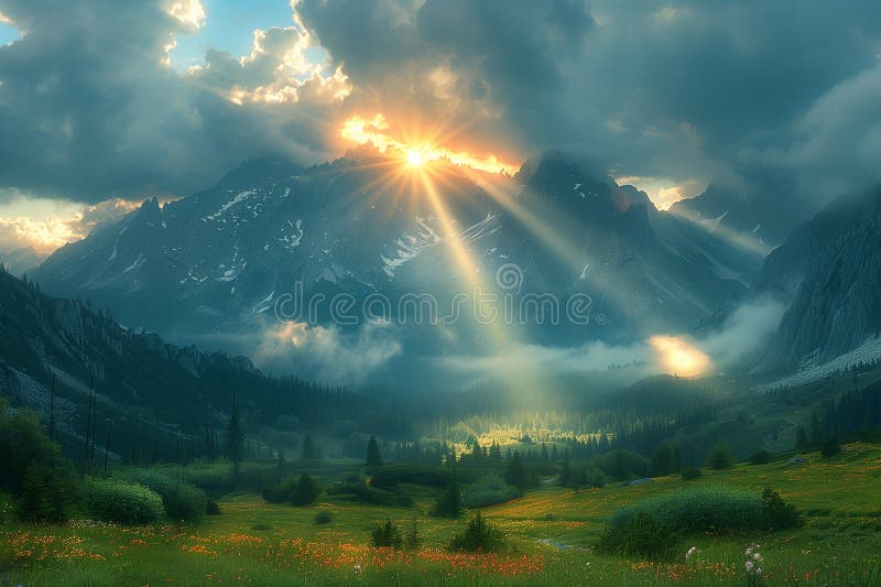 A Painting Depicting a Grand Mountain Range with Sun Rays Piercing ...