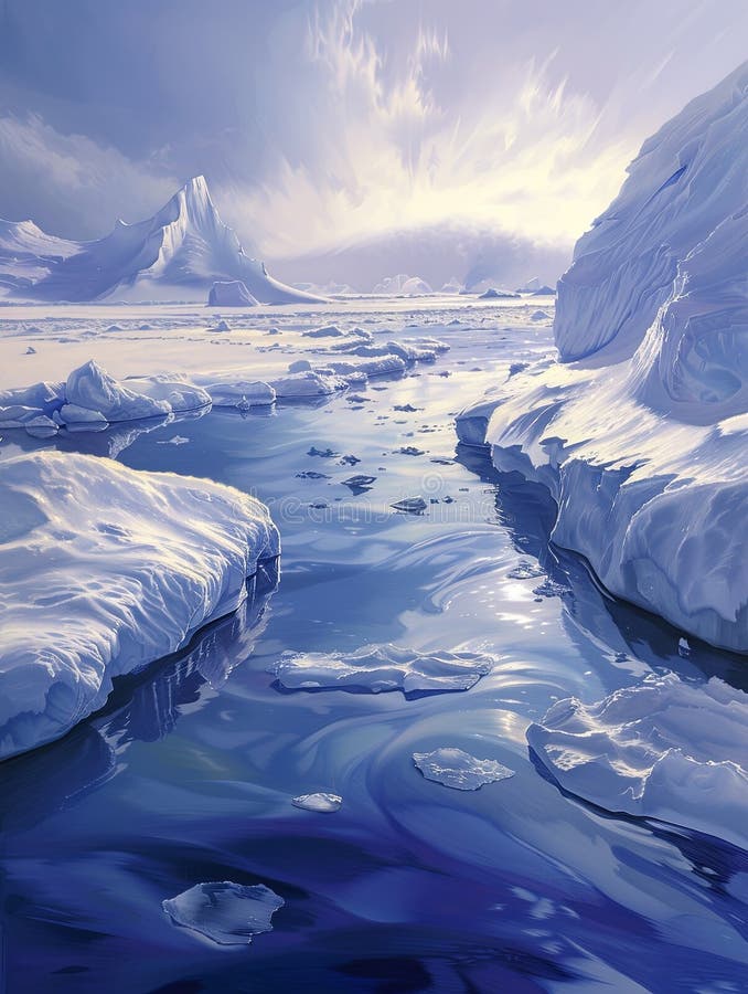 A Painting Depicting Icebergs Floating in Icy Arctic Waters, Capturing ...