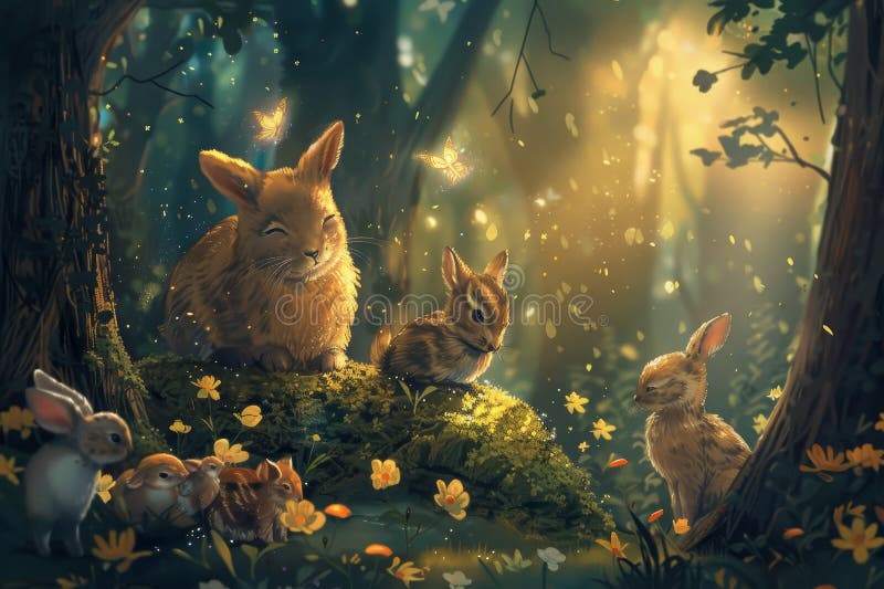 Painting Depicting Multiple Rabbits in a Forest Setting, Adorable ...