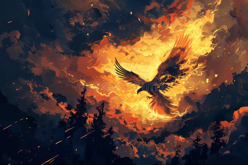 A Painting Depicting a Phoenix Bird Flying Gracefully through the Sky ...